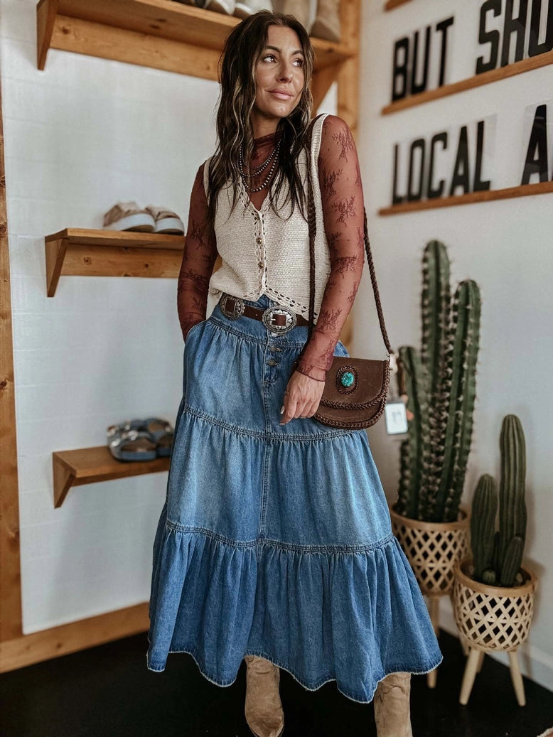 Bohemian Tiered Denim Skirt A-Line - Medium | The Love Your Space Place